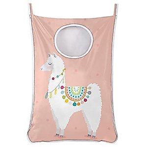 Cute Alpaca Hanging Laundry Hamper Bag with 2 Door Hooks, Pink Alpaca Holding Dirty Clothes Bag, Saving Space Hanging Laundry Bag for Door Wall, Closet, Bathroom