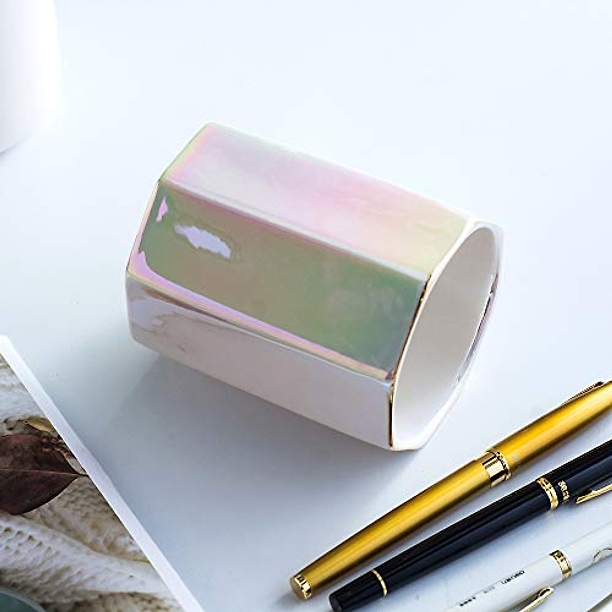 YOSCO Ceramic Desk Pen Holder Stand Cute Pencil Cup Pot Desk Organizer Makeup Brush Holder (Pearl)