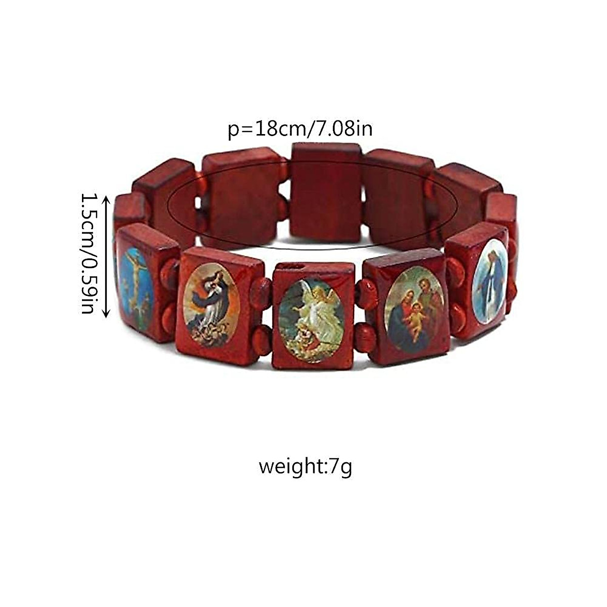 4 Pcs Wooden Rosary Jesus Bracelet Stretch Bangle, Strechable Small Panel Bracelet, with Pictures of Religious Saints Catholic Holy Gods Goddess Prayer Manifestation Bracelet