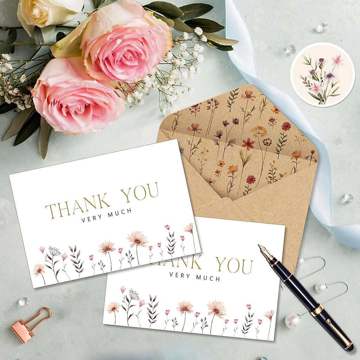Minzerus Floral Thank You Cards With Envelopes - Bulk 24 Pack Flower Greeting Cards with Kraft Envelopes and Floral Stickers - for Birthday Wedding Baby Shower Bridal Shower, 4 x 6 Inch