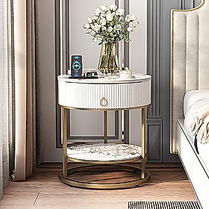 OIOG Round Side Table with Drawer, 2 Tier Night Stand with Shelf, Modern Side Table with Gold Legs for Living Room, Bedroom, Dorm, Marbling Natural Stone/Gold