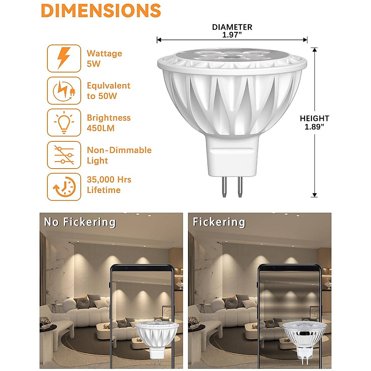 GOHDLAMP MR16 LED Bulbs 50W Halogen Equivalent Landscape Light Bulbs, 2700K Warm White 5W GU5.3 MR16 12V Spotlight Bulb, Non-Dimmable 38° Beam Angle for Landscape, Recessed, Track Lighting 6 Pack
