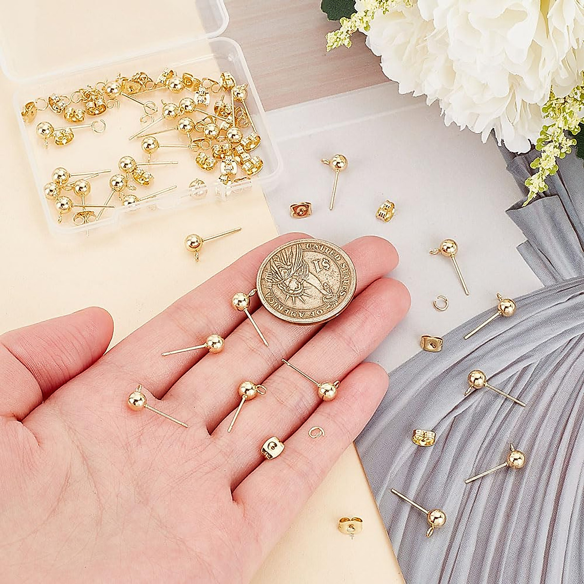 UNICRAFTALE 30pcs Gold Ball Post Stud Earrings Stainless Steel Stud Earring Post with Loop Ear Nut Metal Earring Post Findings with Ear Nuts for DIY Dangle Jewelry Making Findings