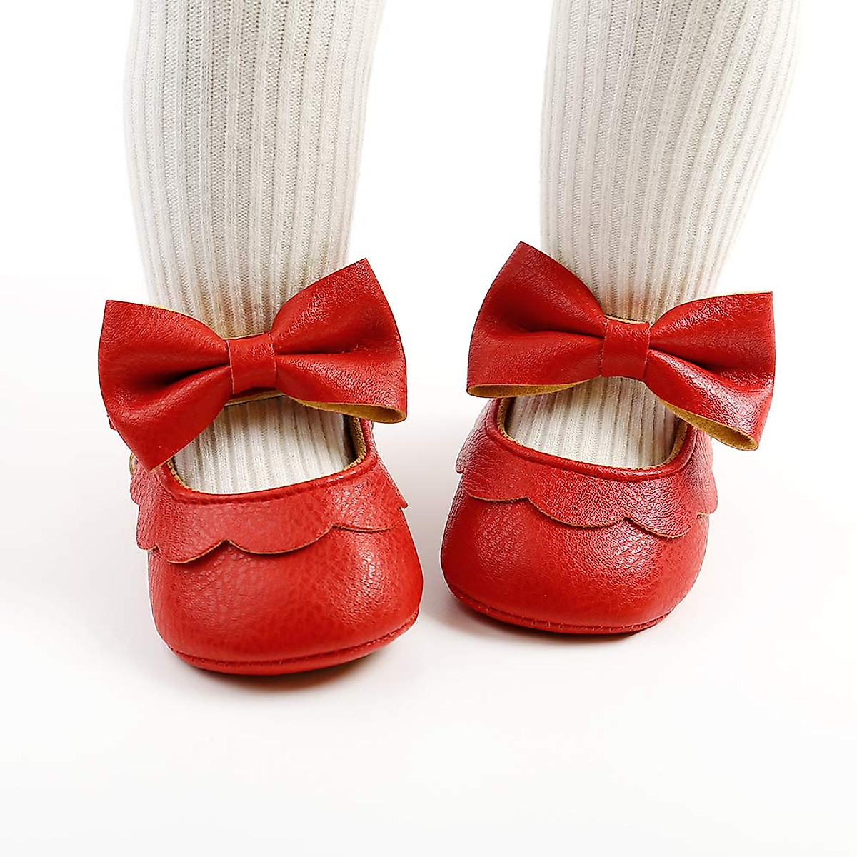 LAFEGEN Baby Girls Mary Jane Flats with Bownot Non Slip Soft Sole PU Leather Newborn Infant Toddler First Walker Cirb Dress Shoes, 6-12 Months Infant, 07 Red