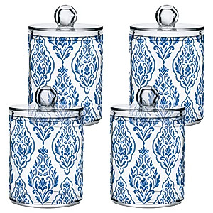 xigua 2 Pack Blue White Damask Pattern Apothecary Jars with Lid, Qtip Holder Storage Containers for Cotton Ball, Swabs, Pads, Clear Plastic Canisters for Bathroom Vanity Organization (10 Oz)