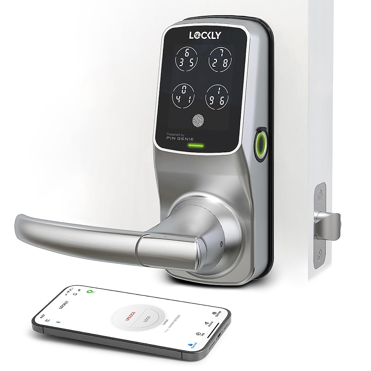 Lockly Secure Pro, Wi-Fi Smart Door Lock, Keyless Entry Door Lock, PIN Genie® Keypad, 3D Biometric Fingerprint Sensor, Voice Control, Auto Lock - Satin Nickel (PGD628WSN) - Latch Edition