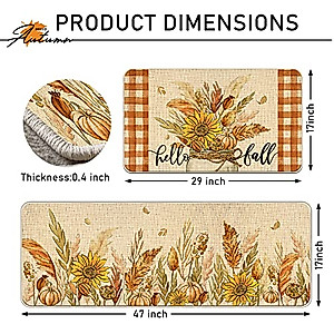Tailus Hello Fall Sunflower Pumpkin Kitchen Rugs Set of 2, Autumn Harvest Wheat Mason Jar Kitchen Mats Decor, Buffalo Plaid Check Farmhouse Floor Door Mat Home Decorations - 17x29 and 17x47 Inch
