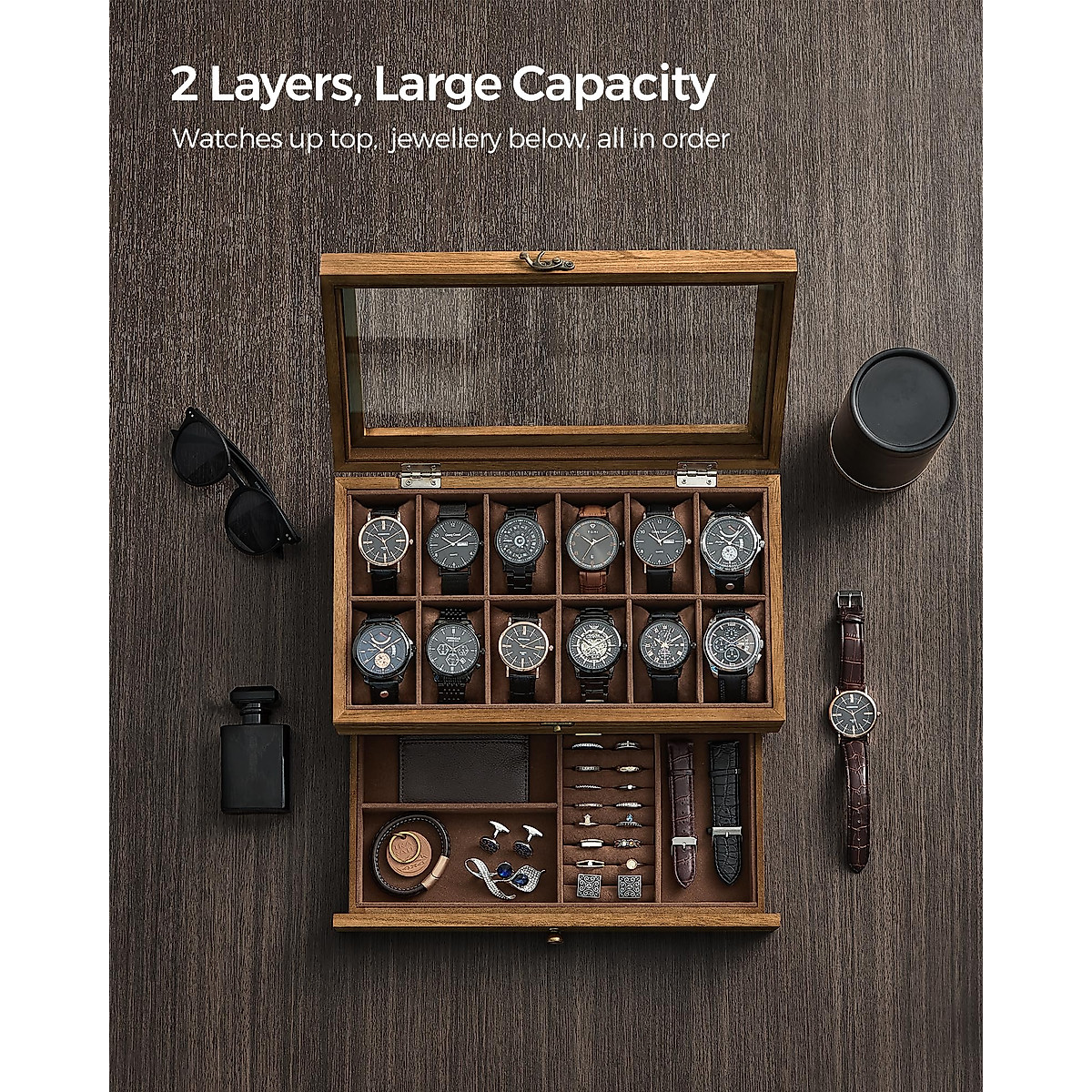 SONGMICS 12-Slot Watch Box, 2-Tier Watch Display Case with Large Glass Lid, Removable Watch Pillows, Velvet Lining, Jewelry Box, Gift Idea, Rustic Walnut UJOW012K01