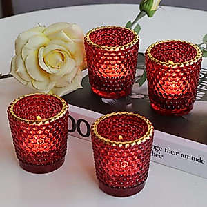 WOHO Red Votive Candle Holders for Table Centerpiece Set of 12, Tealight Candle Holder Bulk with Gold Rim, Glass Tea Lights Candle Holder for Christmas, Holiday and Dating Decor