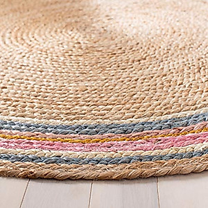 SAFAVIEH Natural Fiber Round Collection 3' Round Fuchsia / Beige NF806R Handmade Boho Charm Braided Jute Area Rug
