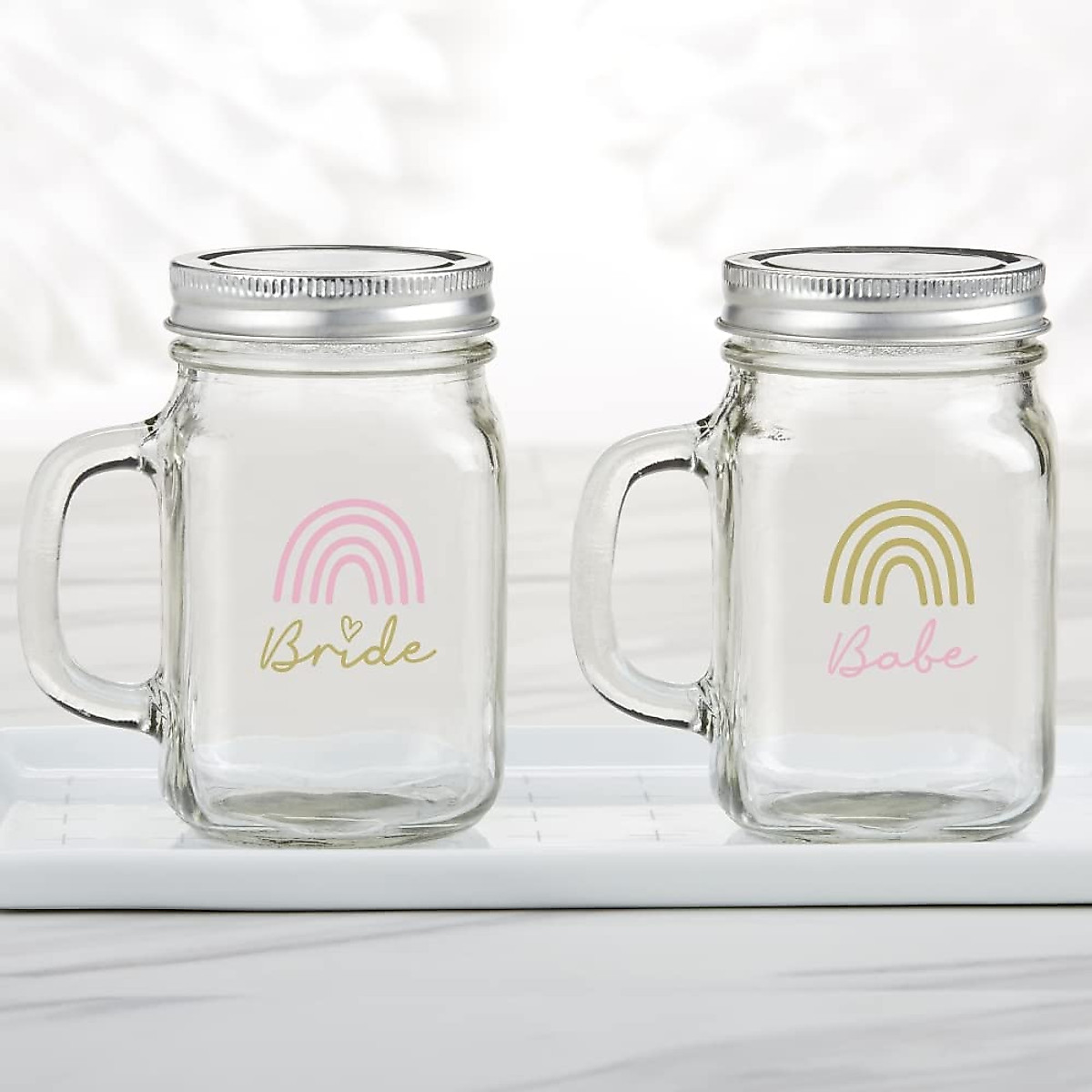 Kate Aspen Bride & Babe 12 oz. Mason Jar Mugs w Lids - Boho Rainbow (Set of 6)