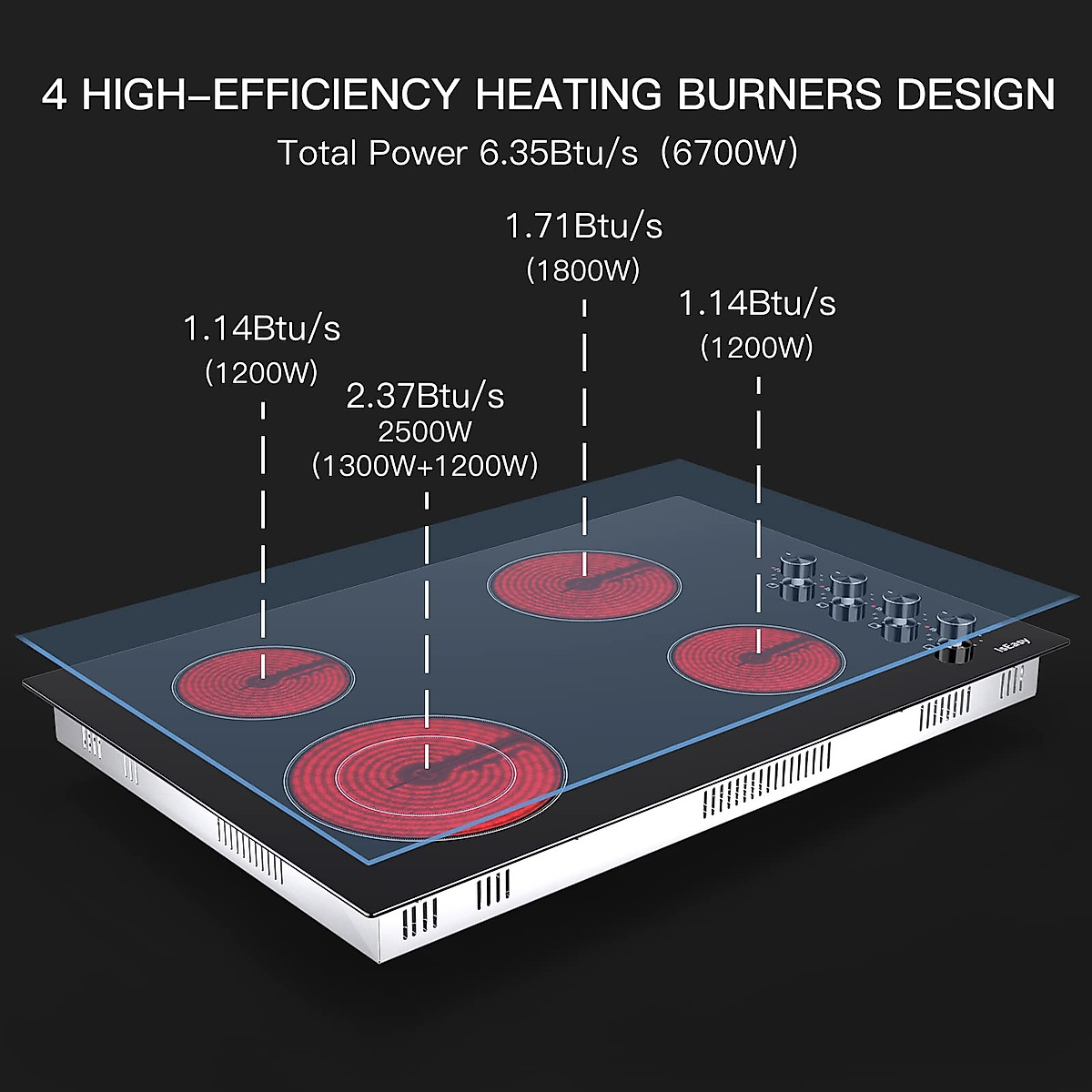 Electric Cooktop 30 inch Ceramic Stove 4 Burners Built-in Stove Top Electric Hot Plate Satin Glass cooktop in Black, Control by Knob/Timer/Child Safety Lock/9 Power Levelsr/220-240V 6700W