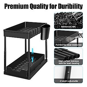 Eufrozy Under Sink Organizers for Bathroom, 2 Tier Adjustable Height Under Cabinet Sliding Storage, Black Under Counter Drawers Slide Out for Kitchen Organization Shelf with 8 Hook 2 Cup