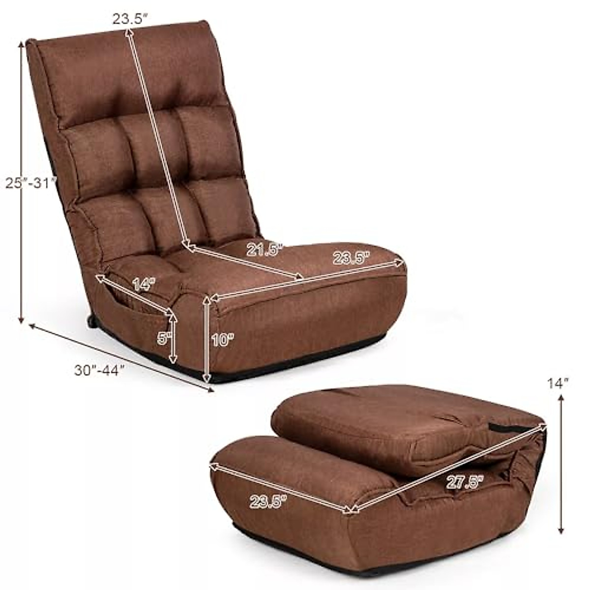 MUSUMI 4-Position Adjustable Floor Chair Folding Lazy Sofa Cushioned Couch Lounger New Foldable Couch Upholstered Couch Recliner, Easy to Store (Brown)