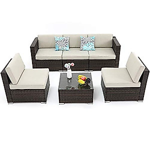 YITAHOME 6 Piece Outdoor Patio Furniture Sets, Garden Conversation Wicker Sofa Set, and Patio Sectional Furniture Sofa Set with Coffee Table and Cushion for Lawn, Backyard, and Poolside, Brown