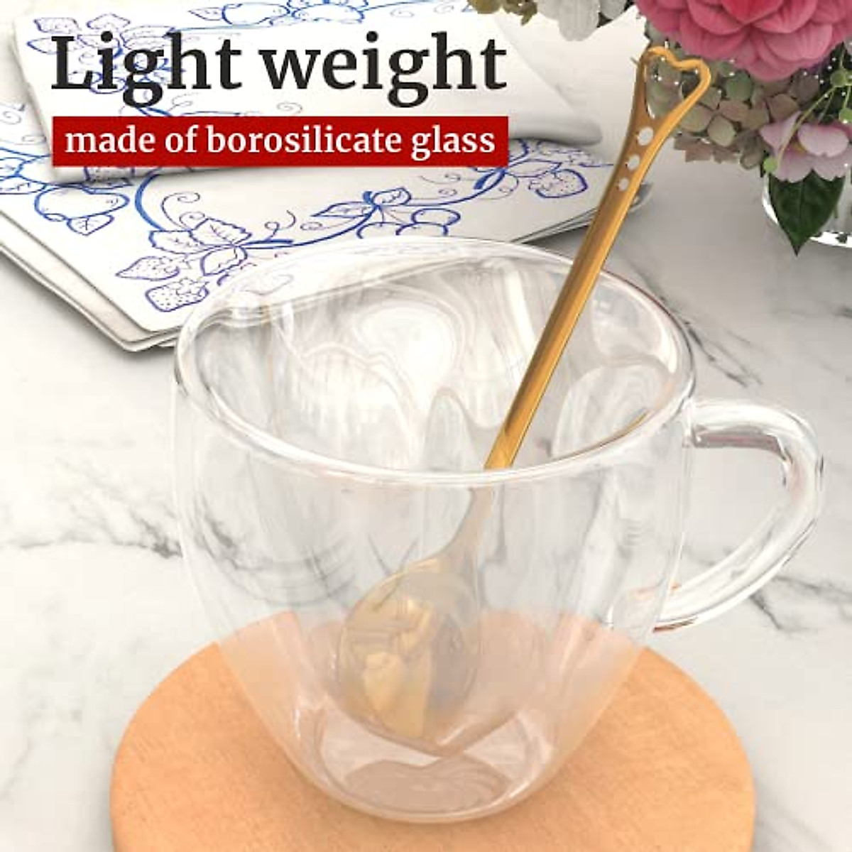 Lucy Sui Heart Shaped Cup - Double Walled Insulated Glass Coffee Mug or Tea Cup - Double Wall Glass 8oz (240ml) - Clear - Unique & Insulated with Handle - With Teaspoon