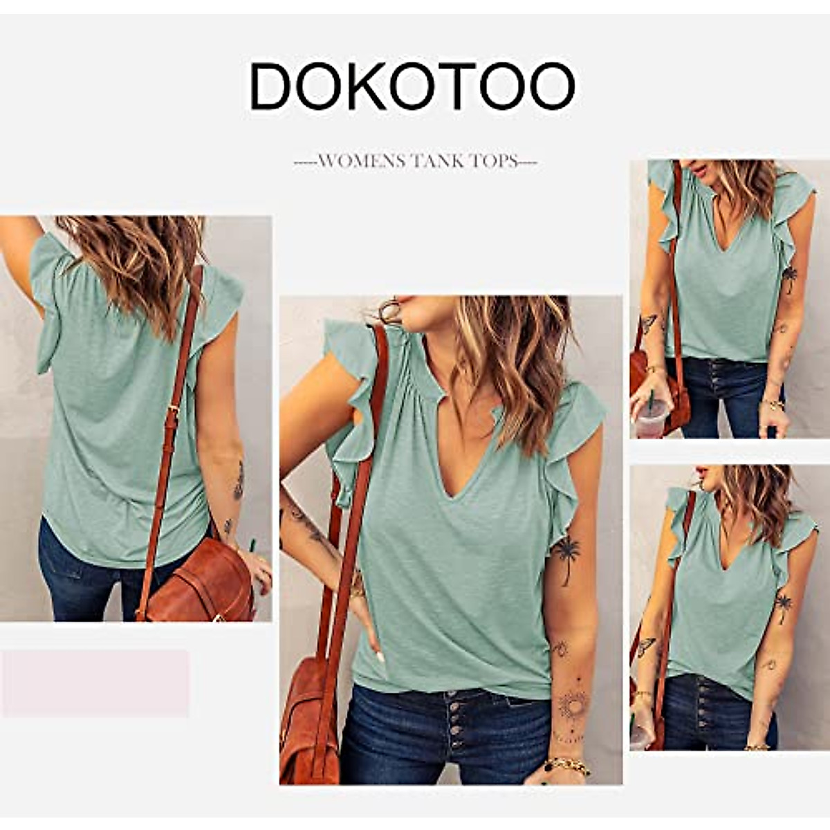 Dokotoo Womens Cute Ruffle Cap Sleeve Tank Tops 2023 Summer New Sexy Casual V Neck Solid Color Sleeveless Tee Shrits for Ladies Teen Girls Juniors (Green, Medium)