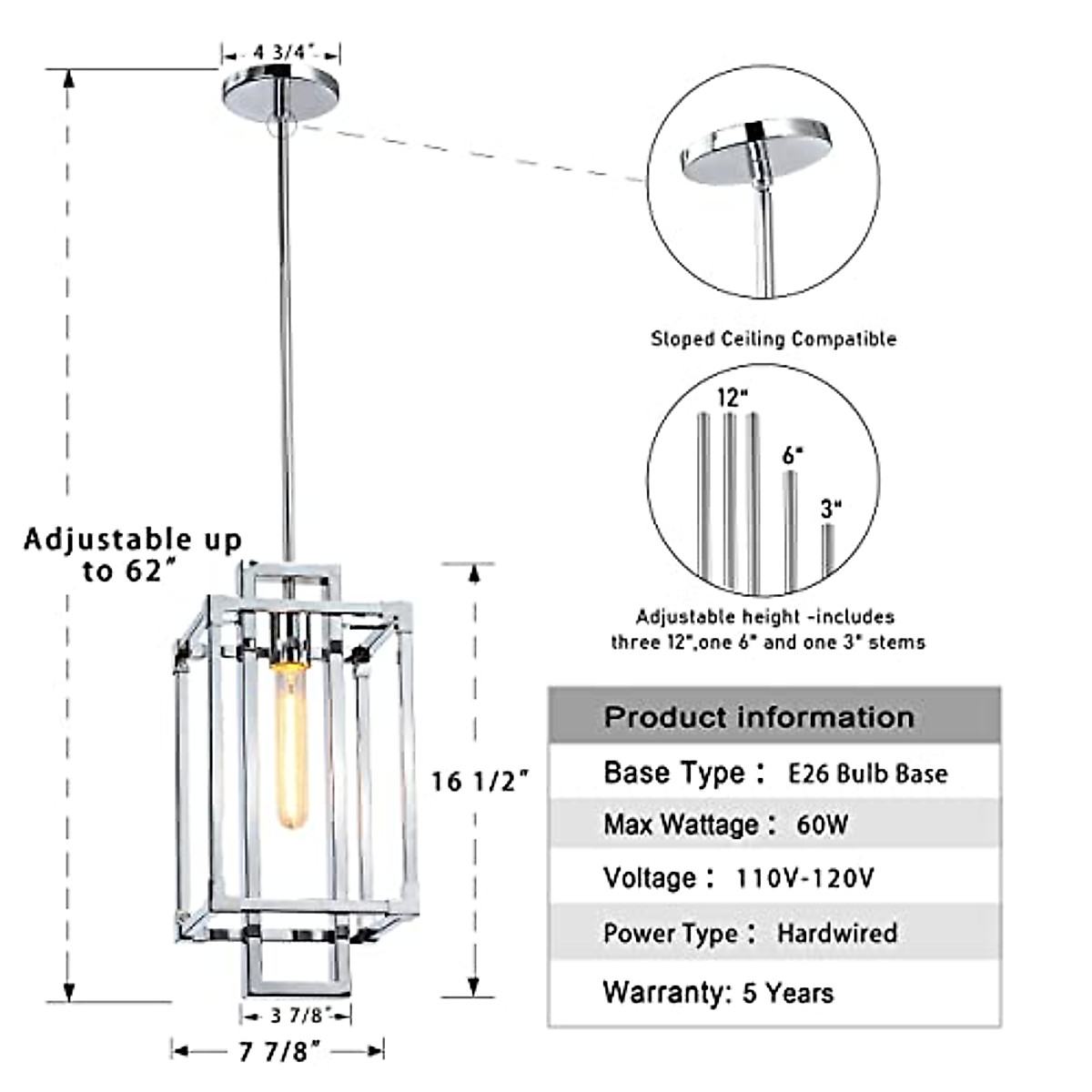 BUNKOS 1-Light Lantern Pendant Light in Chrome Finish, Geometric Hanging Light Fixture, 8" Farmhouse Chandelier for Kitchen Island Foyer Hallway, Adjustable Height, T10 Bulb Included