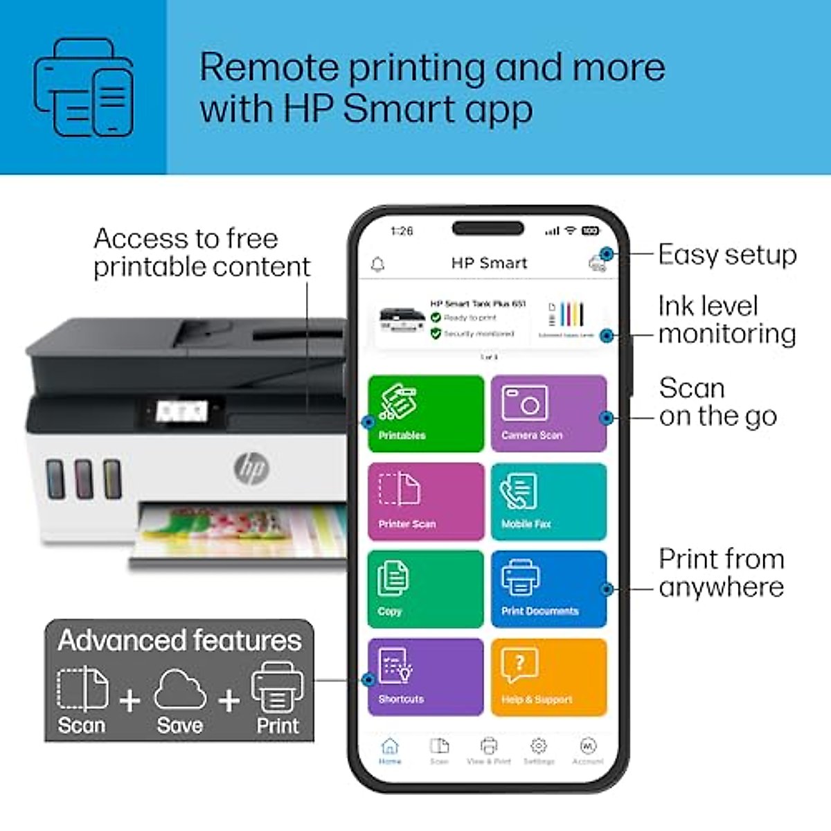 HP Smart -Tank Plus 651 Wireless All-in-One Ink -Tank Printer, up to 2 Years of Ink in Bottles, Auto Document Feeder, Mobile Print, Scan, Copy, Works with Alexa (7XV38A)