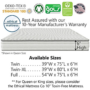 Ethical Mattress CO 6" Kid’s Mattress, Toxin-Free, Made in The USA with Organic Cotton, Wool, Latex & Pocketed Coils (Mattress-in-a-Box); Perfect for bunk beds, trundles & Platform beds - Full Size
