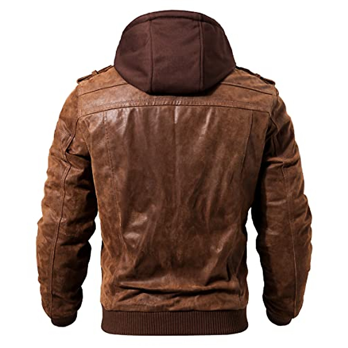 FLAVOR Men Brown Leather Motorcycle Jacket with Removable Hood (Large (US standard), Brown)