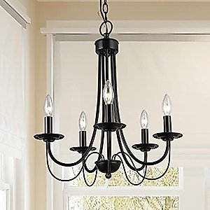 GEPOW Black Farmhouse Chandelier Rustic Pendant Lighting, Small 5-Light Fixture with 2-Layer Arms for Dining Room, Bedroom, Living Room and Foyer