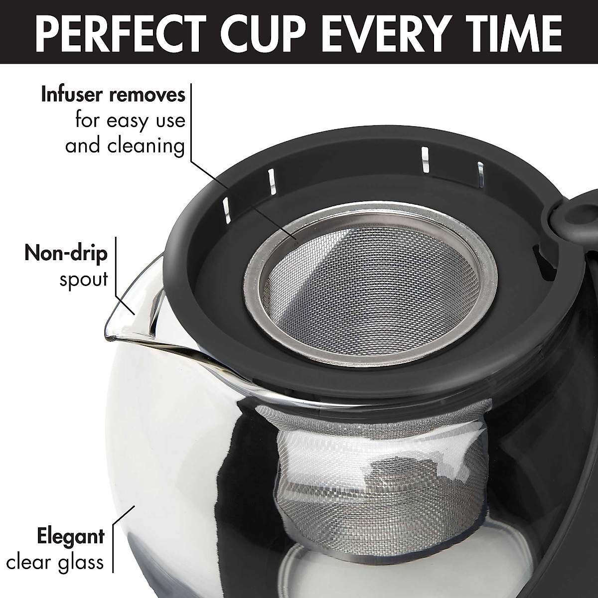 Primula Half Moon Teapot with Removable Infuser, Glass Tea Maker, Stainless Steel Filter, Dishwasher Safe, 40-Ounce, Black