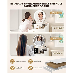 LIVELYGLOW Small Vanity Desk Set with Round Mirror and Light- Vanity Desk with Drawer- White
