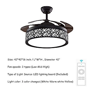42 inch Black Cage Ceiling Fan with Lights, Ceiling Fan with Retractable Blades Three Color Change Chandelier with Remote Control, Dining Room/Living Room/Bedroom Lighting Decoration-36W