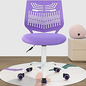 Kids Desk Chair, Armless Home Office Task Chair with Mesh Padded Cushion, Swivel Study Computer Chair with Rolling Wheels for Children Student, Purple