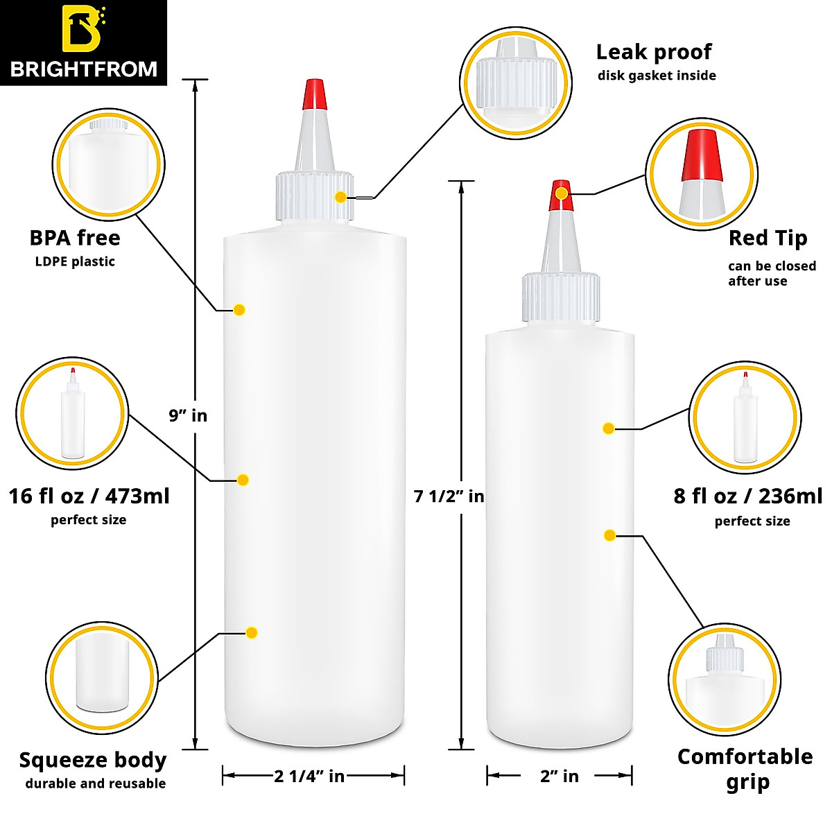 BRIGHTFROM Squeeze Bottles, Condiment 16 & 8 oz SET, BPA Free Empty Plastic Containers with Red Cap, Great for Syrup, Ketchup, Mustard, Sauces, Dressing, Oil, Arts and Crafts, Leak Proof