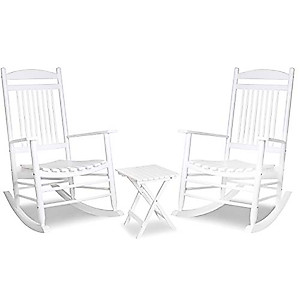 MUPATER Outdoor Rocking Chair Set 3-Piece Patio Wooden Rocker Bistro Set with Foldable Table and Curved Seat, White