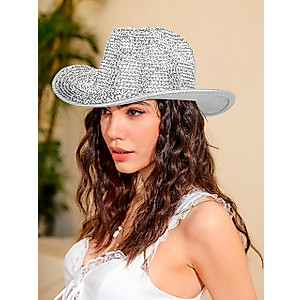 INOGIH Women Fringe-Rhinestone Western-Cowgirl-Hat Tassel-Decor Cowboy-Fedora-Hat for Party Music Festival Silver