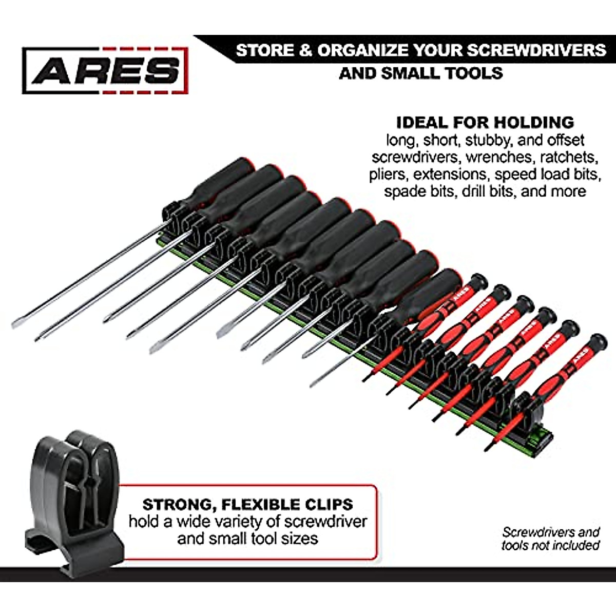 ARES 62028 - Green 16.5-Inch Hand Tool Holder - Aluminum Rail Stores up to 16 Screwdrivers or Small Tools and Keeps Your Garage Organized