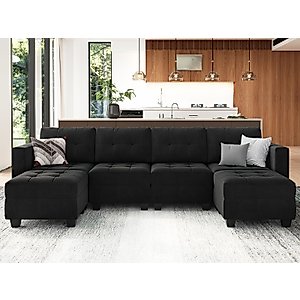 Belffin Modern U Shaped Modular Sectional Sofa with Storage Seats, 6 Seats Sleeper Couch with Reversible Chaise, Modular Oversized Sectional with Ottomans, Black