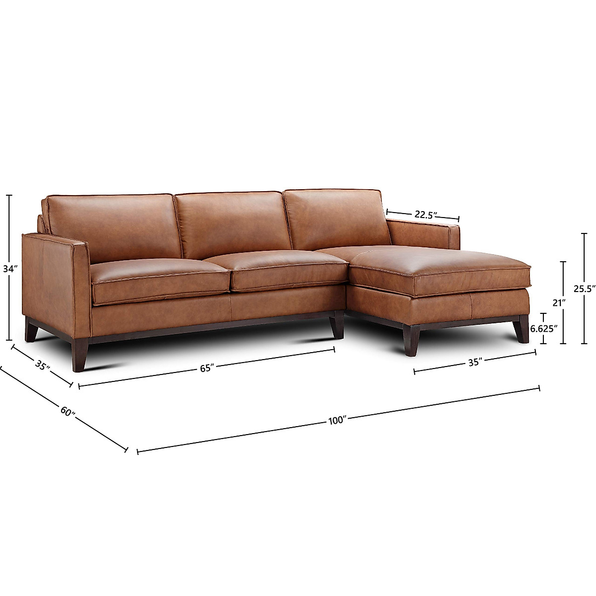 Pimlico 100 Percent Top Grain Leather L-Shaped Sectional with Chaise, Right Arm Facing, Brown