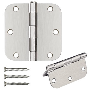 Door Hinges, Brushed Nickel 3.5 x 3.5 Inch Interior 3 1/2 Inch Silver Door Hinges Rounded 5/8" Radius Corners Iron Bifold Residential Hinges for Doors Hardware (3 Pack)