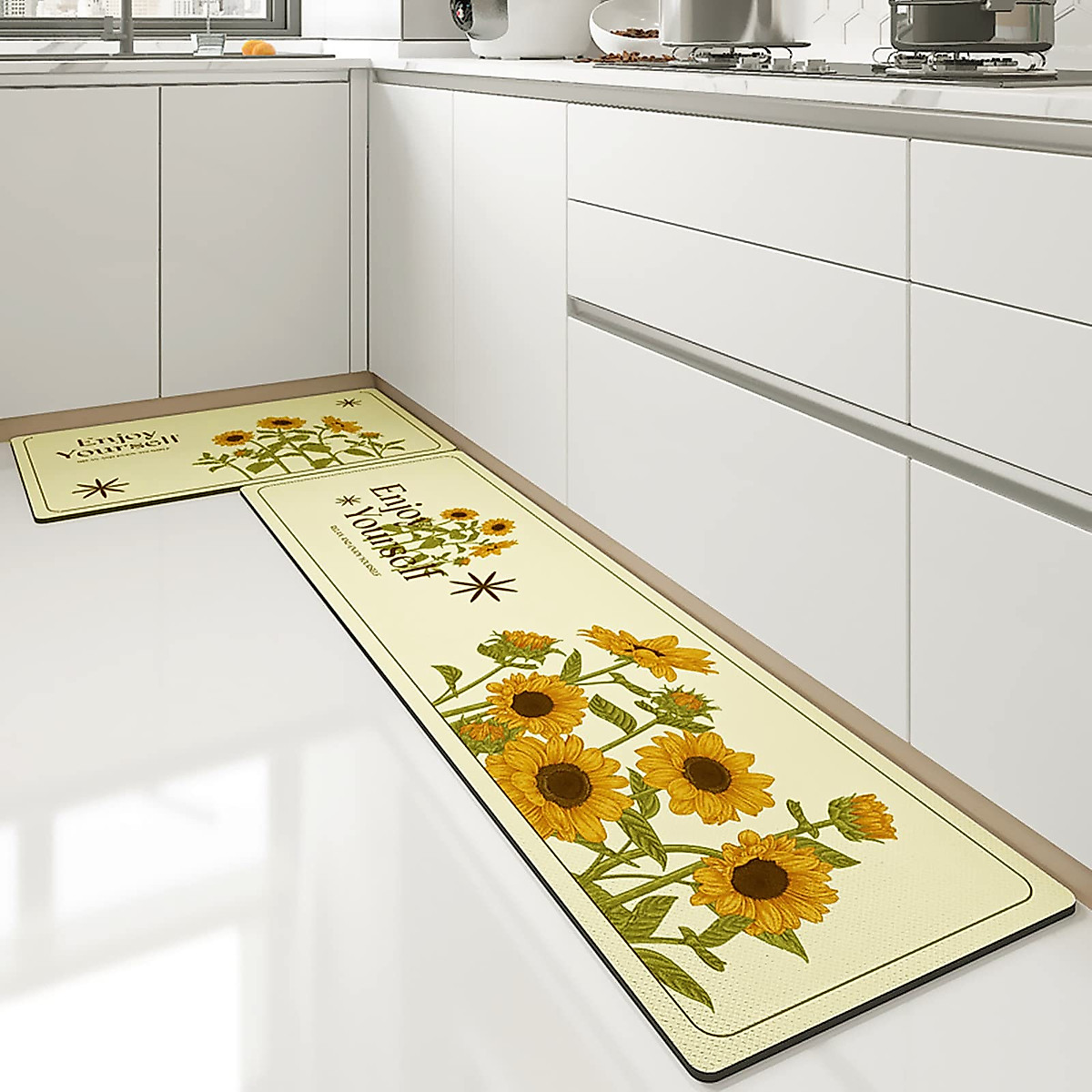 UKELER Farmhouse Kitchen Rug Set 2 PCS Sunflower Floral Waterproof Laundry Room Rugs Runner Non Slip Cushioned Anti-Fatigue Area Rugs for Kitchen Laundry Room