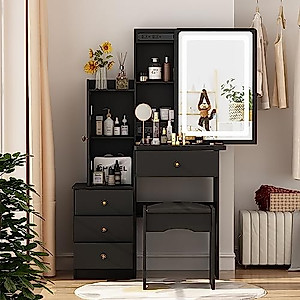 FAMAPY Vanity Mirror with Lights Desk and Chair, Vanity Desk with Sliding Lighted Mirror, Makeup Vanity with Lights, Drawers & Crystal Handles, Cushion Stool, Black