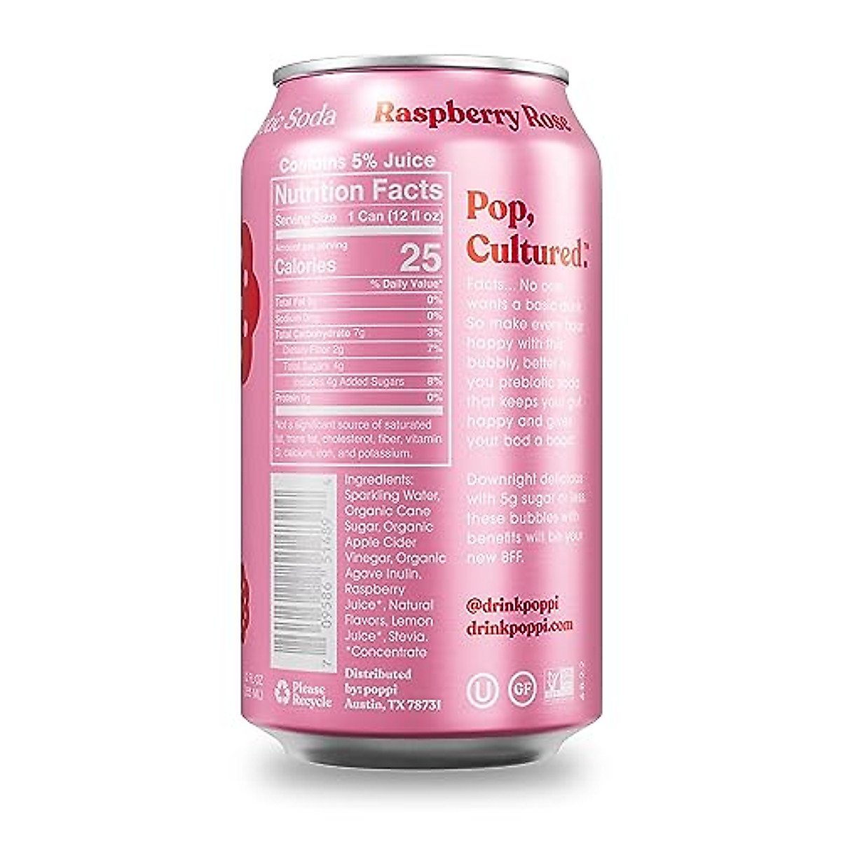 POPPI Sparkling Prebiotic Raspberry Rose Soda w/ Gut Health & Immunity Benefits, Beverages made with Apple Cider Vinegar, Seltzer Water & Fruit Juice, Low Calorie & Low Sugar Drinks, 12oz (12 Pack) (Packaging May Vary)