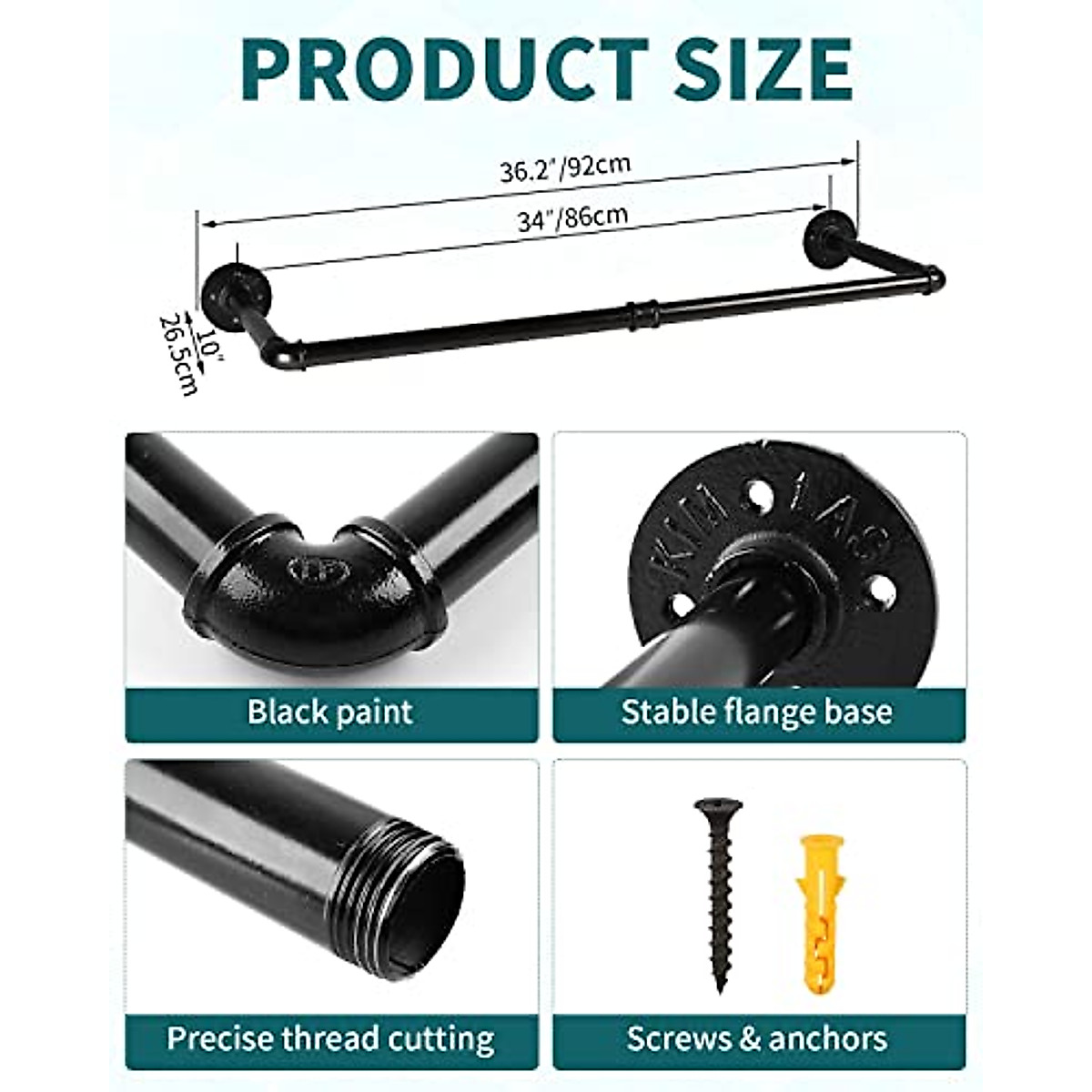 AOKLIT 2 Pack Clothes Rack 36.2 Inch Industrial Pipe Wall Mounted Closet Rod, Space-Saving Clothing Rack, Heavy Duty Detachable Garment Rack, Multi-Purpose Closet Rods For Hanging Clothes 2 Base