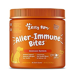 Zesty Paws Allergy Immune Supplement for Dogs - with Omega 3 Salmon Fish Oil & EpiCor Pets + Probiotics for Seasonal Allergies - Peanut Butter