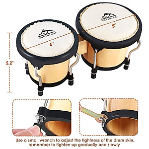 EastRock Bongo Drum 4” and 5” Set for Adults Kids Beginners Professionals Tunable Wood and Metal Drum Percussion Instruments With Tuning Wrench