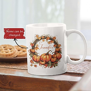 Beautiful Autumn Wreath Mug With Custom Name, Fall Pumpkin And Leaf Design Coffee Cup, Personalized Autumn Lover White Cup 15oz, Customized Fall Ceramic Mug For Friend Coworker