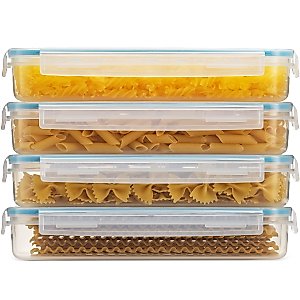 Komax Biokips Pasta Storage Containers Set of 4 – BPA-Free Rectangular Plastic Containers with Lids – Microwave & Dishwasher Safe Airtight Containers – Noodle, Pasta, & Spaghetti Container (33 oz)
