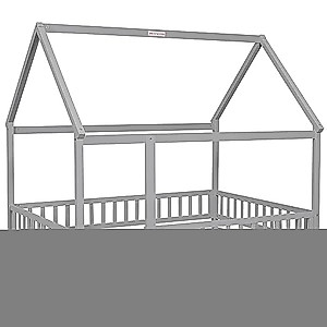 ZJIAH Full Size Floor Bed for Kids, Montessori Bed Frame Full Size with Fences, Wood Full Floor House Beds with Safety Guardrails for Teens Girls and Boys, No Box Spring Needed