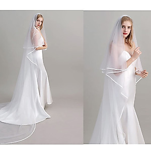 Unsutuo 2 Tiers Bride Wedding Veil Ivory Ribbon Cathedral Veil Bridal Tulle Veil for Women and Girls (Ivory)