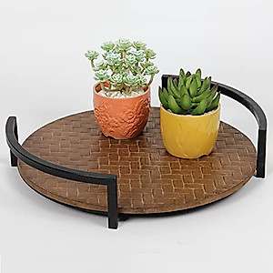 Farmhouse Round Decorative Tray，Wood Serving Tray with Metal Handles, Rustic Ottoman Coffee Table Accent Tray, Centerpieces for Table (Natural Brown)