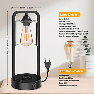 Wireless Charging Table Lamp Set of 2, Touch Control Dimmable Bedside Nightstand Lamps with Type C USB Port + AC Outlet, Glass Shade Desk Lamps Industrial Table Lamps for Bedroom, 6W Bulbs Included