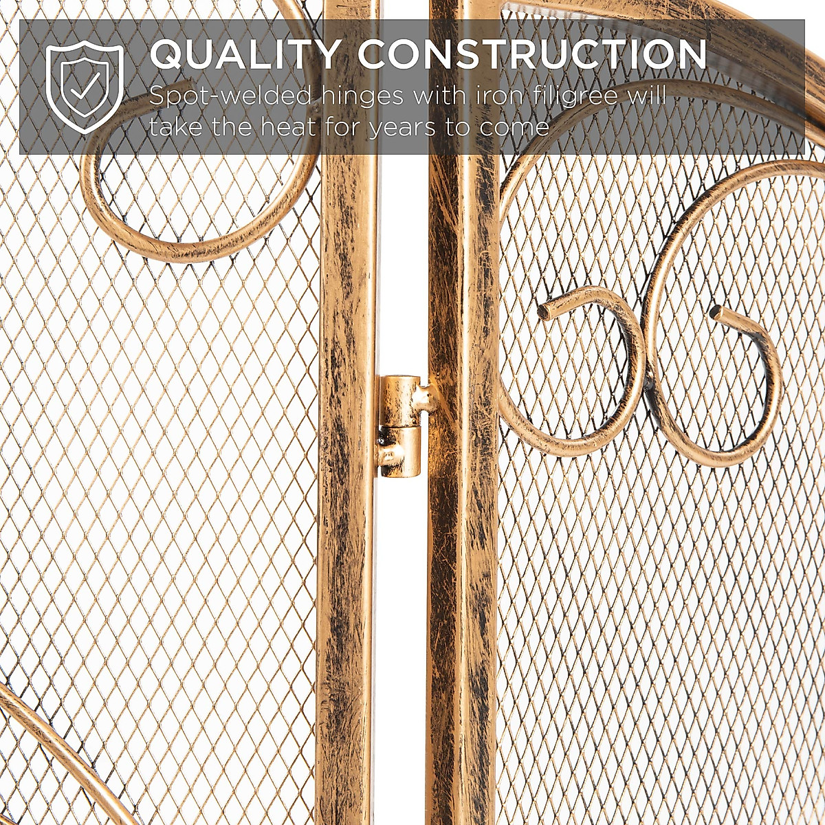 Best Choice Products 3-Panel 55x33in Solid Wrought Iron See-Through Metal Fireplace Screen, Spark Guard Safety Protector w/Decorative Scroll - Gold